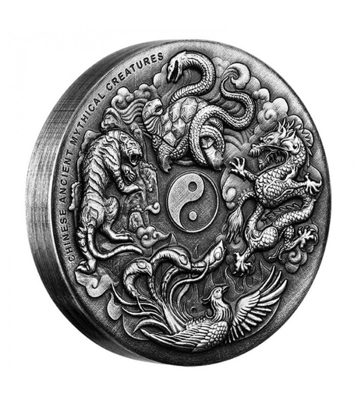 CHINESE ANCIENT MYTHICAL CREATURES 2OZ SILVER ANTIQUED HIGH RELIEF COIN